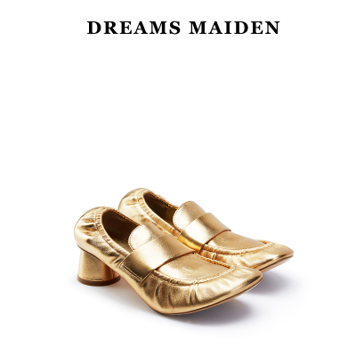 Dreams maiden女鞋小众设计师2款褶皱圆头粗跟单鞋真皮底发财宅女