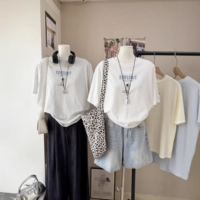 [比正]2026夏季新品 韩系字母卡通印花宽松休闲百搭短袖T恤女6175