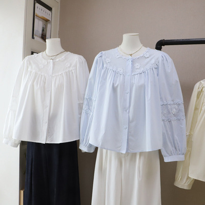 [比正]2026春季新品韩系小清新减龄立体花朵显瘦泡泡袖衬衫女5971