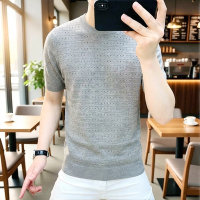 【轻奢简约】夏季圆领针织短袖毛衣男士时尚潮流半袖T恤男装9902