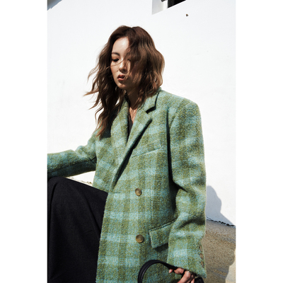 洛边 绿宝晨露 原创设计师款复古绿色格纹毛呢外套女设计感西装