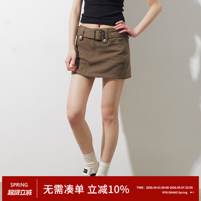 RPB BRAND 简约复古水洗腰带装饰做旧牛仔半身裙女显瘦A字短裙