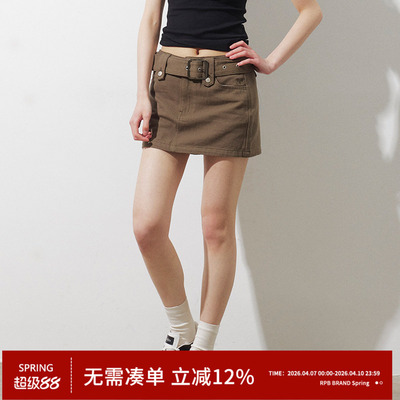 RPB BRAND 简约复古水洗腰带装饰做旧牛仔半身裙女显瘦A字短裙