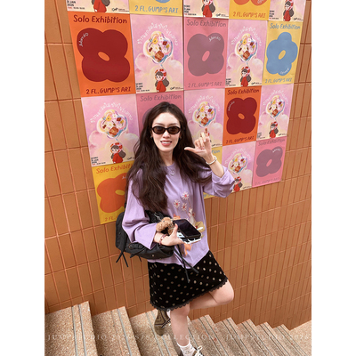 草莓跳 青春减龄小猫印花长袖圆领T恤女春季慵懒宽松显瘦百搭上衣