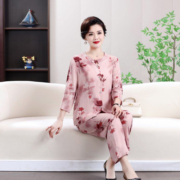 中老年妈妈装棉绸开衫睡衣女长袖长裤套装宽松大码家居服两件套