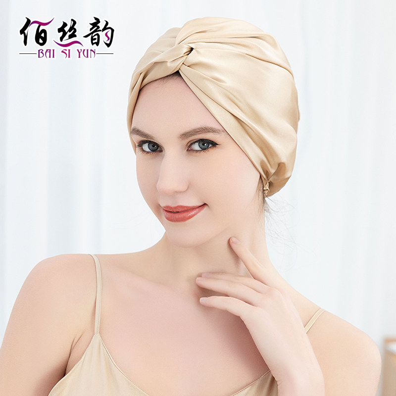 高档双层真丝睡帽产妇睡眠月子帽100%桑蚕丝扭花家居护发包头浴帽