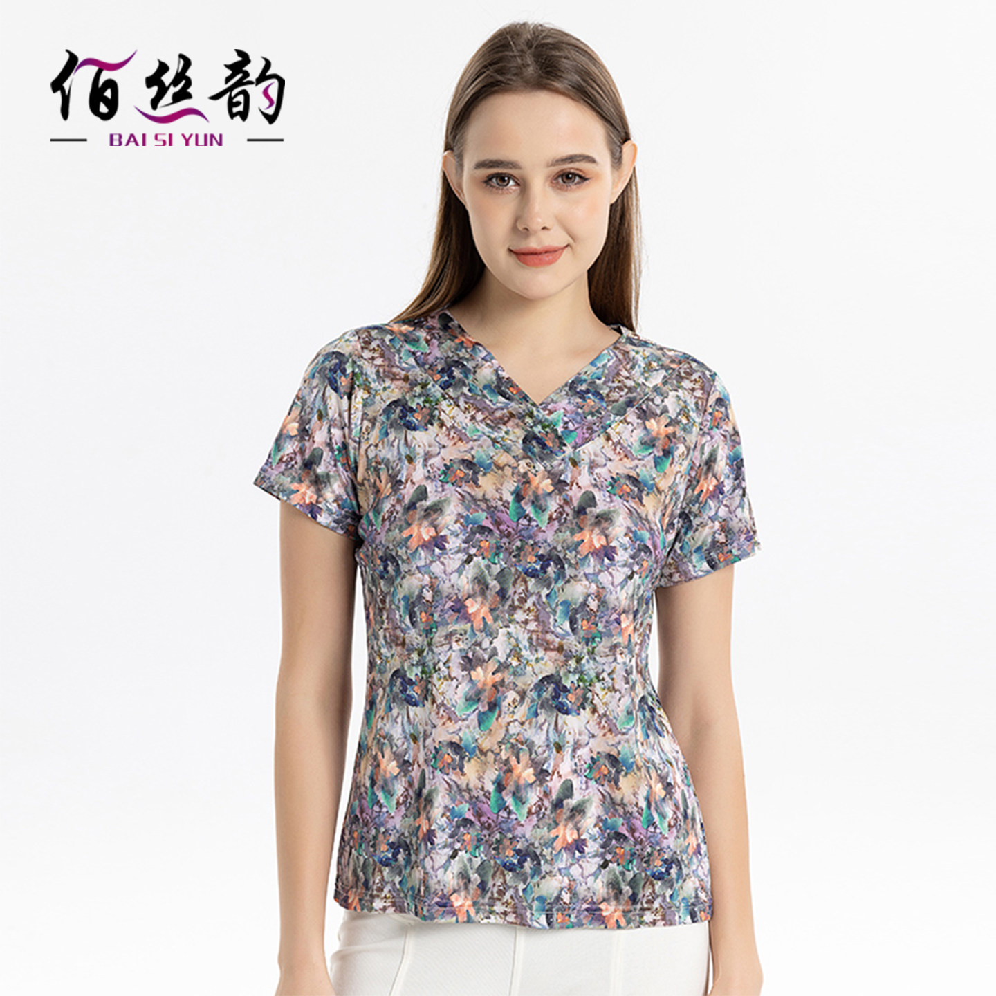 2026夏季新款桑蚕丝V领短袖T恤女印花大码叠领针织打底衫真丝上衣