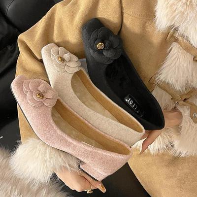 真毛毛覆古山茶花仙女风单鞋女粗跟气质温柔加绒晚晚鞋中高跟棉鞋