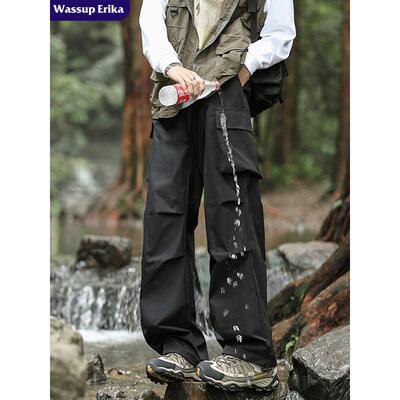 WASSUP ERIKA美式机能防水冲锋长裤男秋季黑色伞兵裤工装直筒裤子