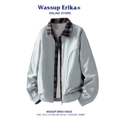 WASSUP ERIKA韩系流行蓝色拼接格子外套男早秋休闲复古风情侣夹克