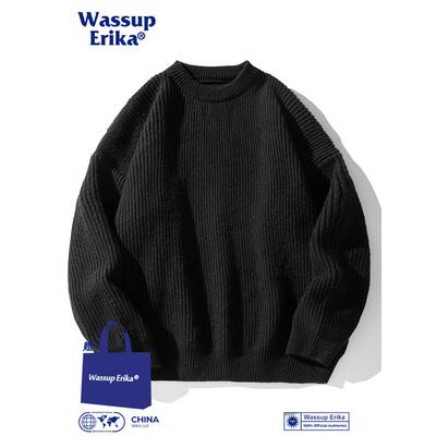 WASSUP ERIKA潮牌圆领纯色毛衣男秋冬长袖针织衫黑色休闲线衣外套
