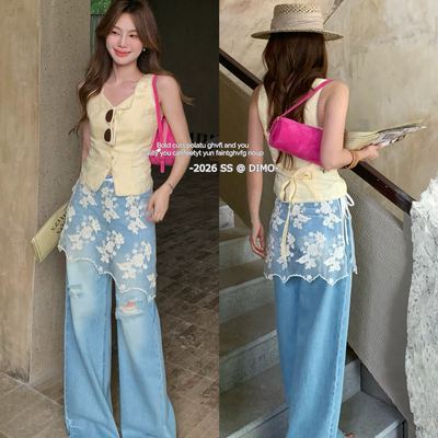 DIMO-夏款上新二波薄料浅蓝做旧水洗工艺甜酷混搭纱裙破洞5516兰