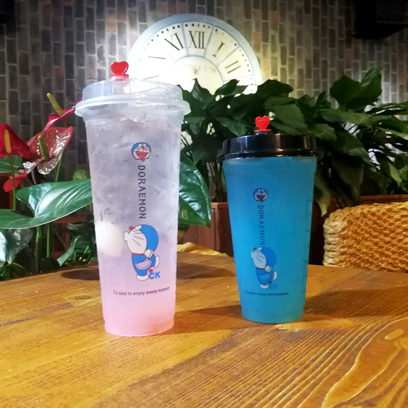 90口370/420/500/550/700哆啦A梦一次性果汁奶茶塑料杯1000只包邮