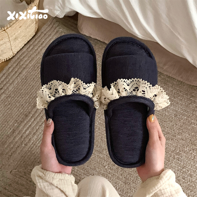 细细条居家甜美钩花边棉麻拖鞋