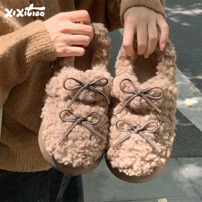 细细条甜美蝴蝶结仙女风毛毛棉鞋