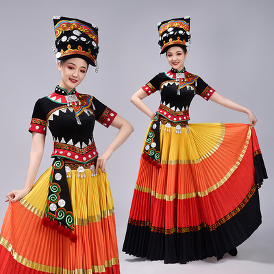 新款彝族七彩大摆裙彝族火把节演出舞蹈服彝族舞蹈民族风表演服
