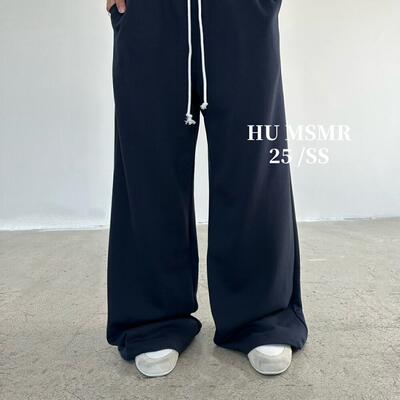 HU MSMR秋季松紧腰时尚抽绳字母贴标简约拖地阔腿裤纯色休闲裤女
