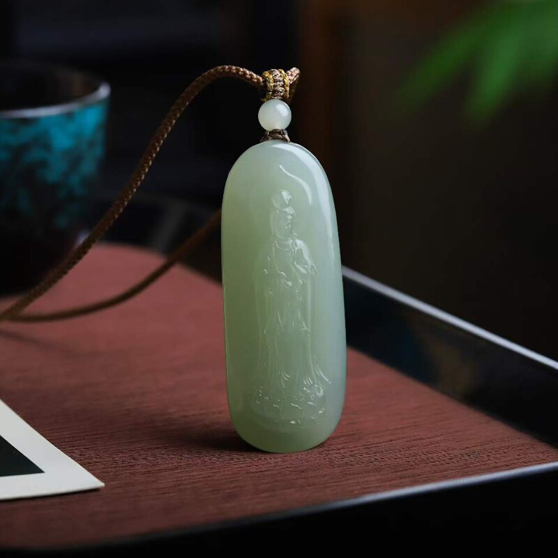 天然新疆和田玉玉器工厂店青海料老料晴水色玉石莲花站观音吊坠