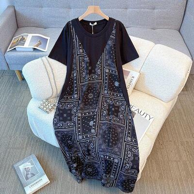 130-350斤大码女装胖mm韩版圆领假两件拼接连衣裙2025夏季新款