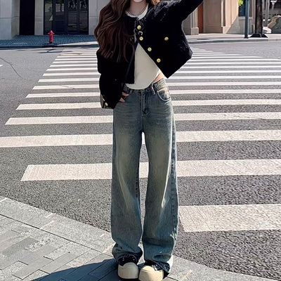 美式直筒牛仔裤高腰宽松阔腿裤