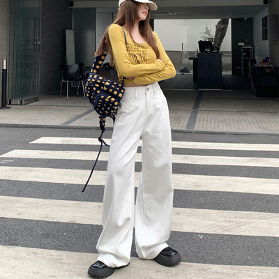 白色高腰阔腿牛仔裤女显瘦直筒裤