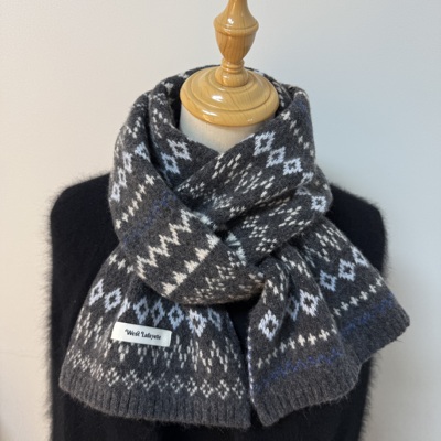 外贸日单复古费尔岛风含羊毛针织围巾女冬季保暖百搭情侣款围脖男