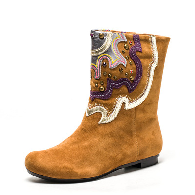 羊猄真皮短靴子女冬民族风圆头平