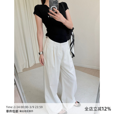 【4/29 20:00】MUCCHIC/白色棉感高腰阔腿裤休闲裤