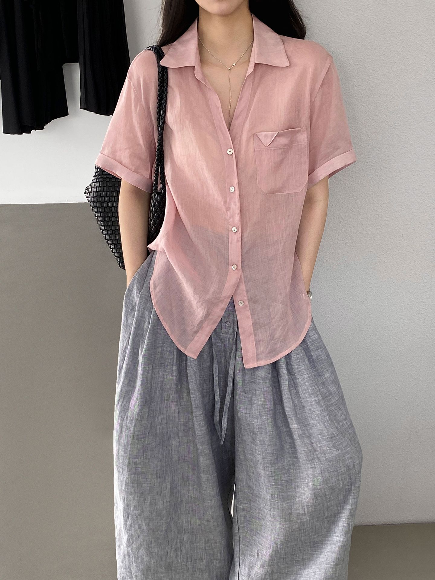 韩式100苎麻折角口袋短袖衬衫女夏宽松休闲气质通勤上衣