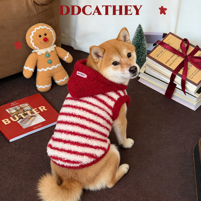 秋冬款宠物保暖狗狗比熊泰迪法斗加绒红色条纹可爱小红帽背心冬装