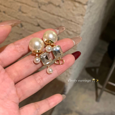 【蜜桃茶】黛西小姐 韦雪同款后挂式方钻珍珠耳环千金名媛风耳饰