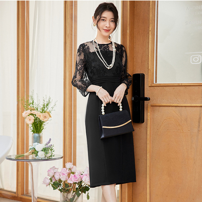 夏季长裙子新款优雅蕾丝拼接修身连衣裙女士平时可穿小礼服88602