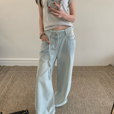 TABLE-腿牛仔裤夏季高腰宽松显瘦垂感拖地直筒牛仔裤(配腰绳)9631