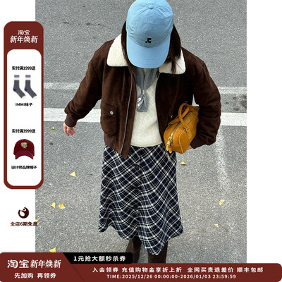 新品格纹羊毛前扣式半身裙