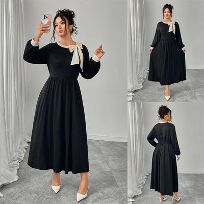 Plus Size Women's Black Dress 大码秋冬复古显瘦遮肚黑色长裙