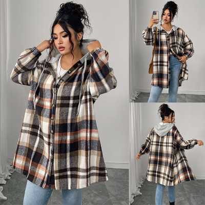 Women's Plaid Thin Cotton Jacket Vintage Hooded Cardigan外套