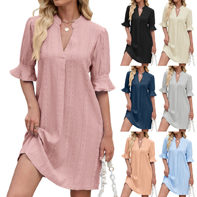 2025 S/S Women's solid color jacquard v-neck loose dresses
