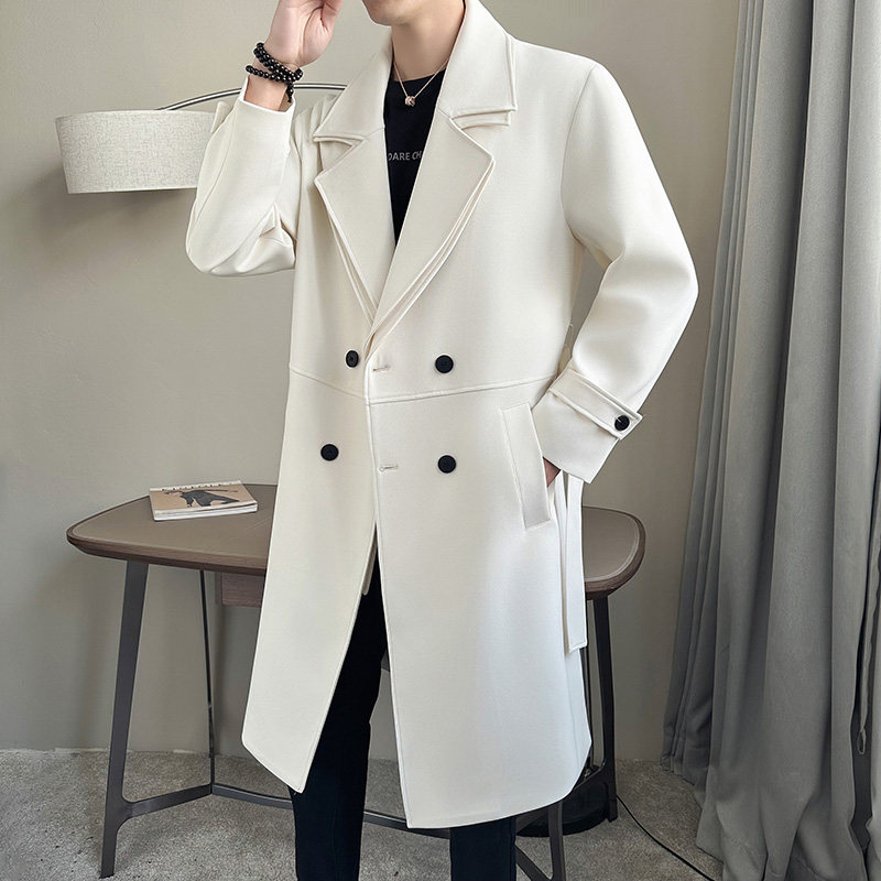 男士米白双排扣风衣秋长款西装领宽松高级感休闲假两件大衣外套男