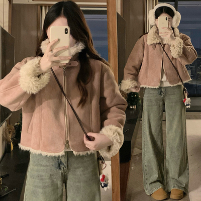 实拍小个子麂皮秋冬上衣女粉色短款皮毛一体好看厚保暖短外套
