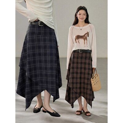 歌铭韩系不规则格纹半身裙女春季