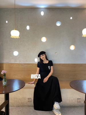 Imza新款连衣裙 2024夏季新款显瘦遮肉黑色连衣裙女