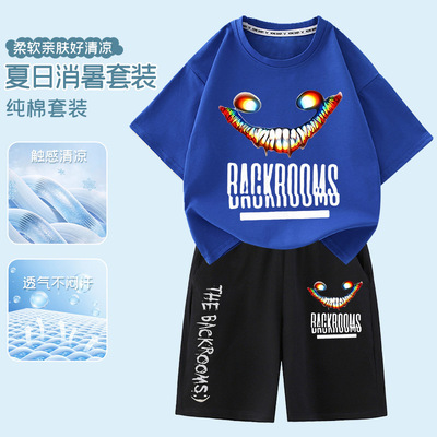 后室backrooms短袖T恤学生微笑者笑靥夏季衣服儿童短裤套装童装潮