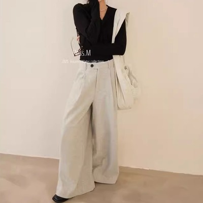 加厚女秋冬羊毛呢阔腿直筒裤长裤