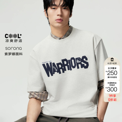 绫致【凉感】杰克琼斯NBA联名金州勇士队夏男短袖T恤宽松字母胶印