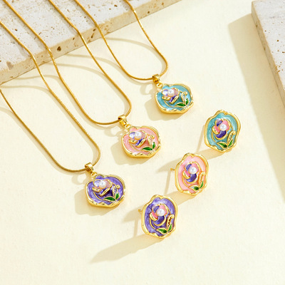 新中式国风彩绘油画花朵天然仿珍珠滴油花牌项链耳钉饰品套装