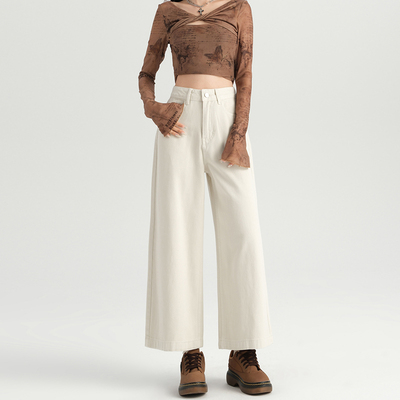 美式沙白色阔腿牛仔裤女生小个子