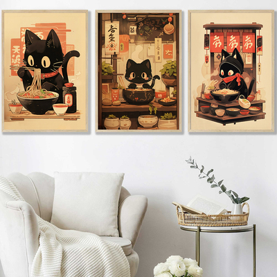 Japanese Noodle Black Cat Posters Funny Ramen NoodlesKitchen