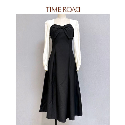 优雅淑女连衣裙秋撞色简约小黑裙