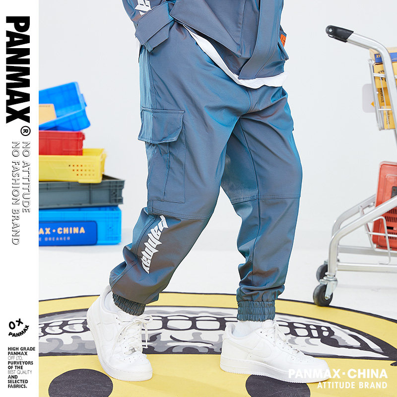 PANMAX潮牌大码男装黑色束脚九分裤子反光工装机能风肥佬休闲长裤_虎窝淘