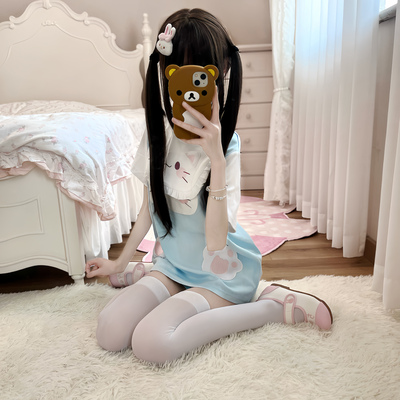 妄想少女原创海盐喵喵软妹可爱套装服饰萌妹蓝色系小猫元素套装